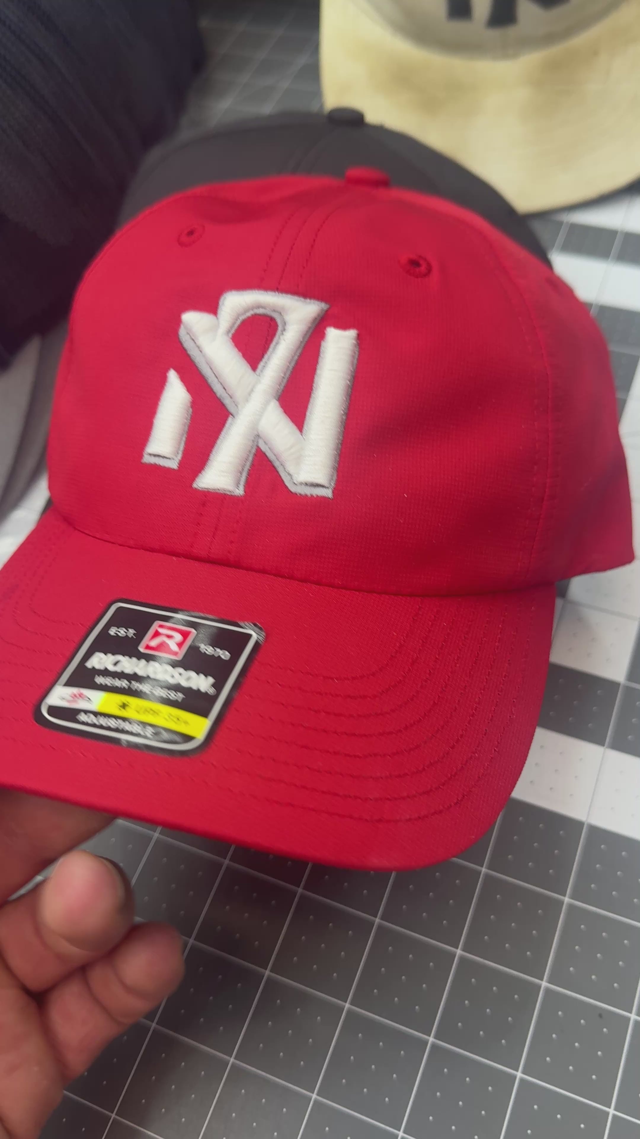 Red floppy 220 Hat with new white Retro Logo and grey shadow – Notch7